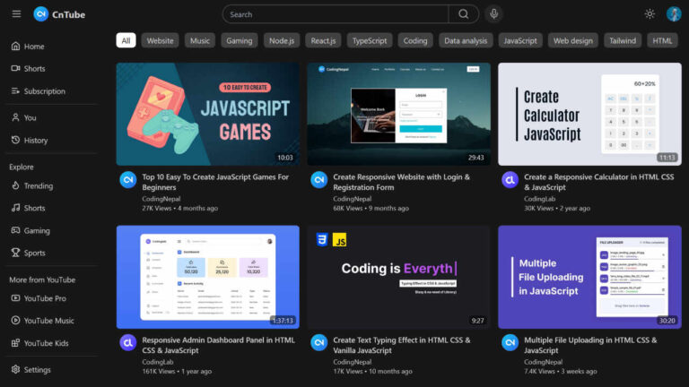 Create A YouTube Homepage Clone in ReactJS and Tailwind CSS